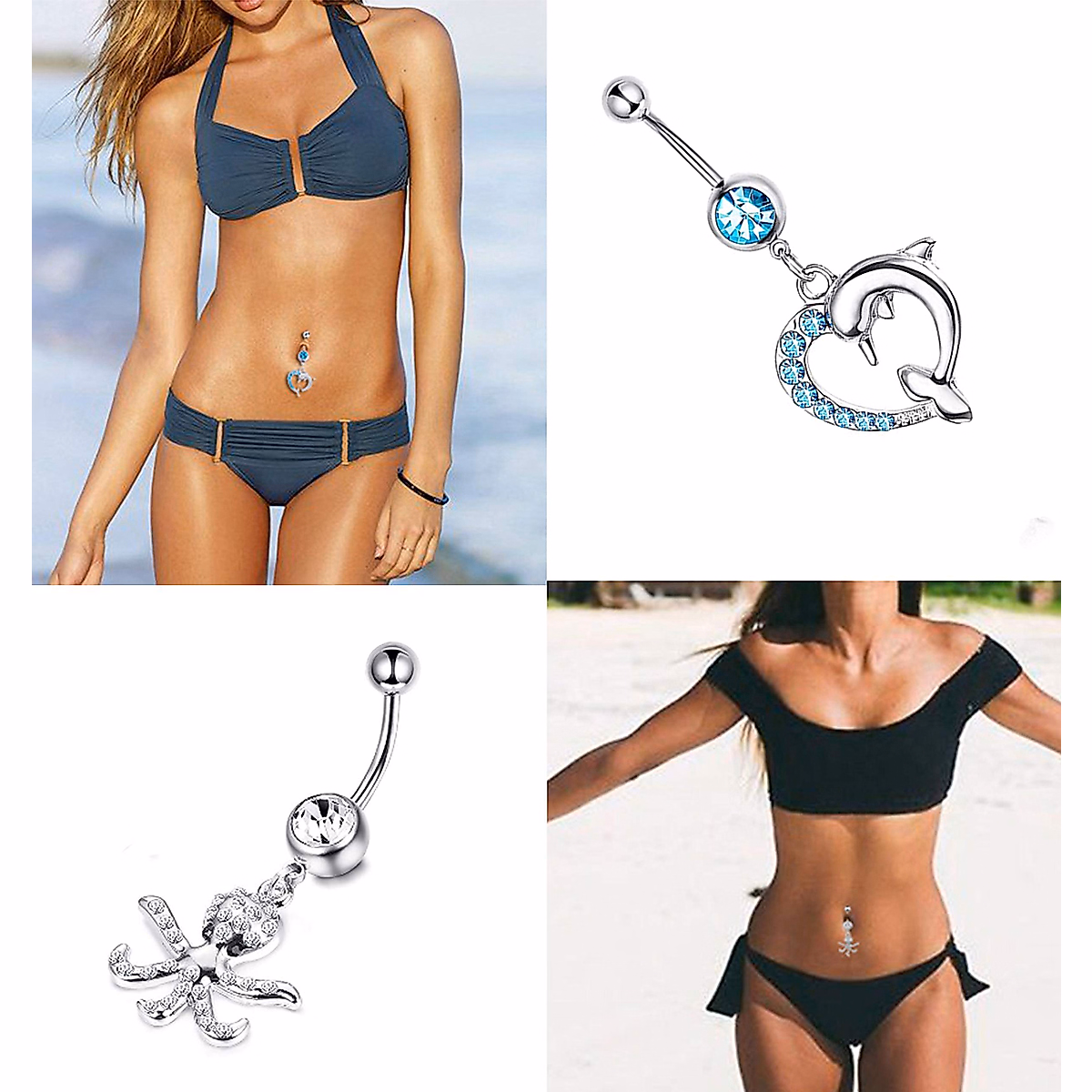 FIBO STEEL 9-10 Pcs Dangle Belly Button Rings for Women 316L Surgical Steel Curved Navel Barbell Body Jewelry Piercing