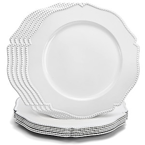 Foraineam 12 Pack White Charger Plates with Beaded Rim, 13 Inch Round Plastic Dinner Chargers, Scalloped Serving Plates for Table Settings Wedding Party Catering Event Decoration