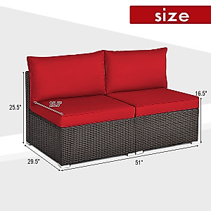 COSTWAY 2PCS PE Rattan Armless Sofa, Wicker Patio Conversation Set Chairs with Soft Cushion, Outdoor Sectional Furniture for Yard, Poolside (Red)