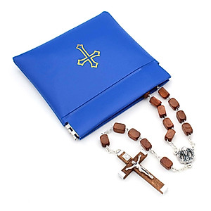 Squeeze Top Rosary Pouch Blue Vinyl with Gold Cross Imprint