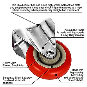 4 Pack 4" Caster Wheels Swivel 360 Degree 2 with Brake Swivel and 2 Rigid Non Swivel Fixed Stationery Combo On Red Polyurethane Wheels with Hardware