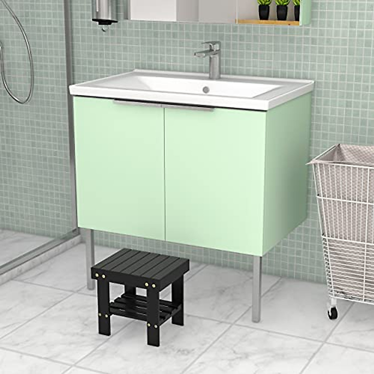 Zhuoyue Shower Stool Foot Rest Wood Step Stool Shaving Legs for Inside Shower Foot Stool for Kids Adults Black