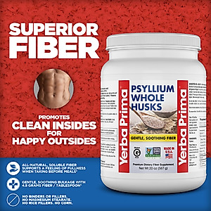 Yerba Prima Psyllium Whole Husks Fiber Supplement - Colon Cleanse - Gut Health - Vegan Non-GMO Gluten Free - 20oz