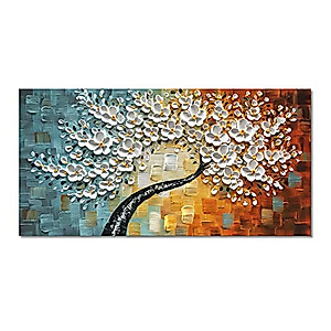 Diathou 20x40in 3D Abstract Paintings,Hand-Painted Painting of White Flowers and Trees, Canvas Wood Frame, Ready to Hang The Wall to Decorate The Living Room Bedroom