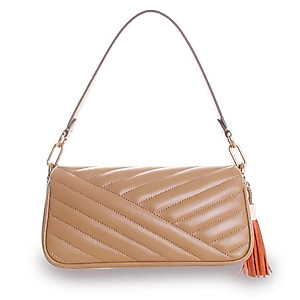 Tory Burch Women's Dusty Almond Brown Kira Chevron Leather Tassel Shoulder Bag Handbag