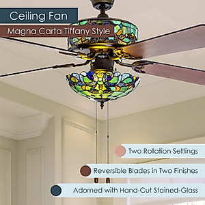RIVER OF GOODS Stained Glass Magna Carta LED Ceiling Fan - 52" L x 52" W - Tiffany Style - Flush Mount Ceiling Fan with Remote - Teal