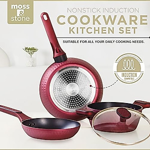 Moss & Stone Nonstick Induction Cookware Set, 4Pcs Aluminum Small Pots and Pans Set with Glass Lid, Burgundy Diamond Non Stick Casserole Pot & Fry Pan Set, Cooking Pots Are Pfte/Pfoa/Pfos Free