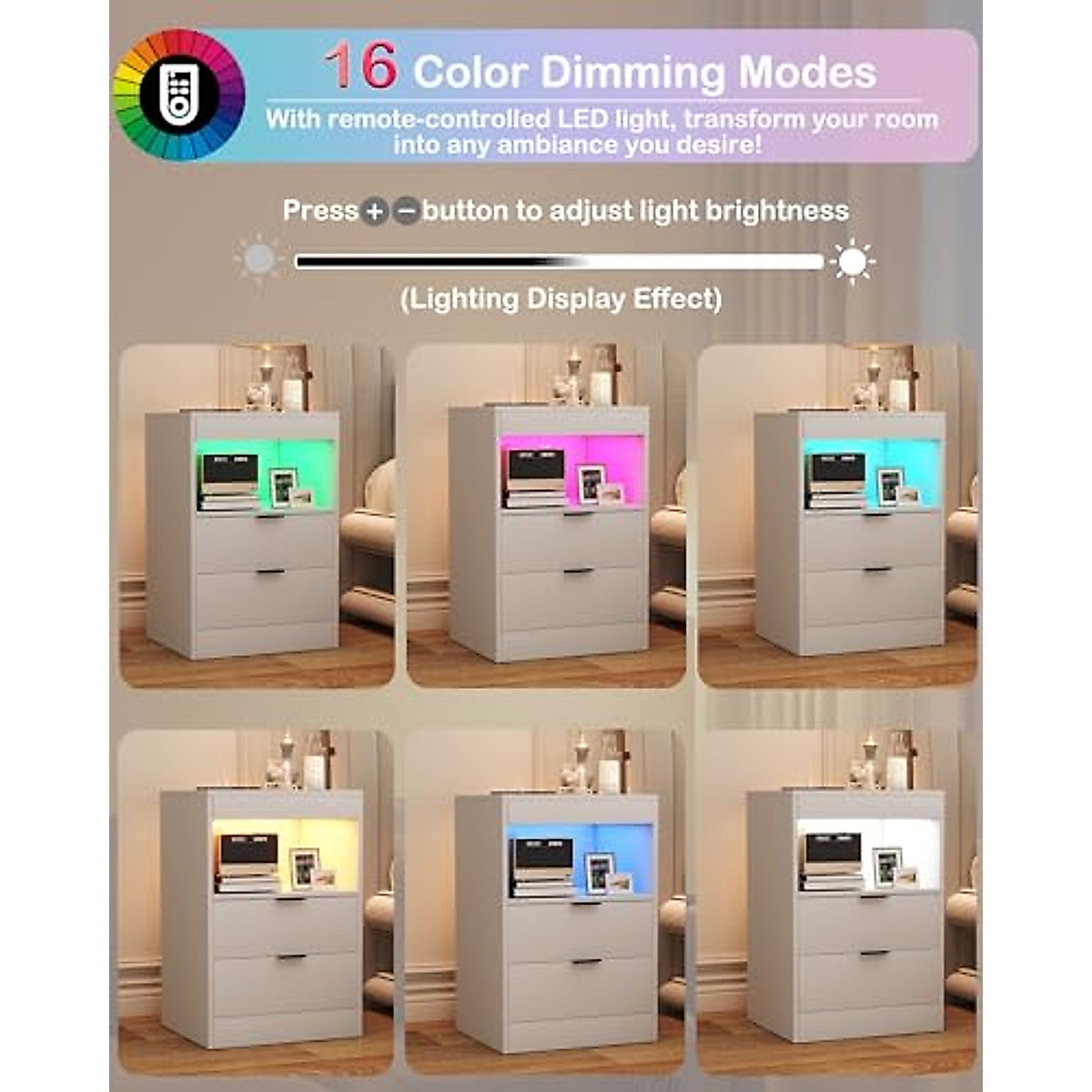 Yusong Night Stand, Bedside Table, LED Nightstand with Charging Station, Modern Night Stand White,Wood Sofa Couch End Side Table with 2 Pull-Out Shelf