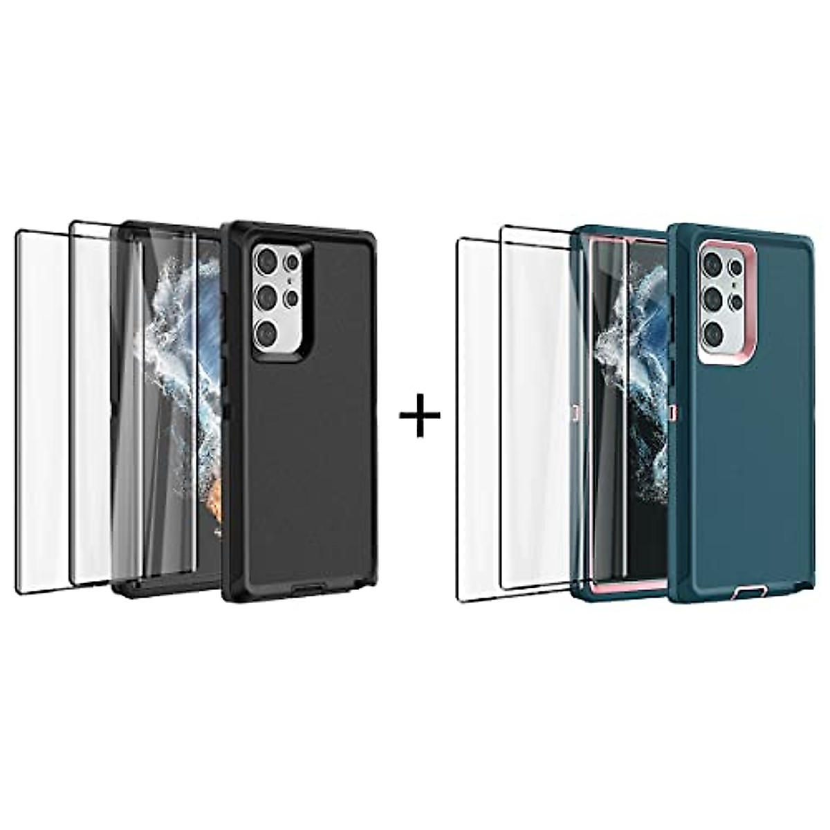 AICase Bundle for Galaxy S22 Ultra Case with Screen Protector (Bundle of Dark Blue Case+Black Case)