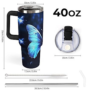 Blue Butterfly Insulated Stainless Steel Travel Mug, 40 Oz Tumbler with Handle And Straw Double-Wall Vacuum Coffee Cup, Leak-Proof Lid, Keeps Drinks Hot/Cold for Hours