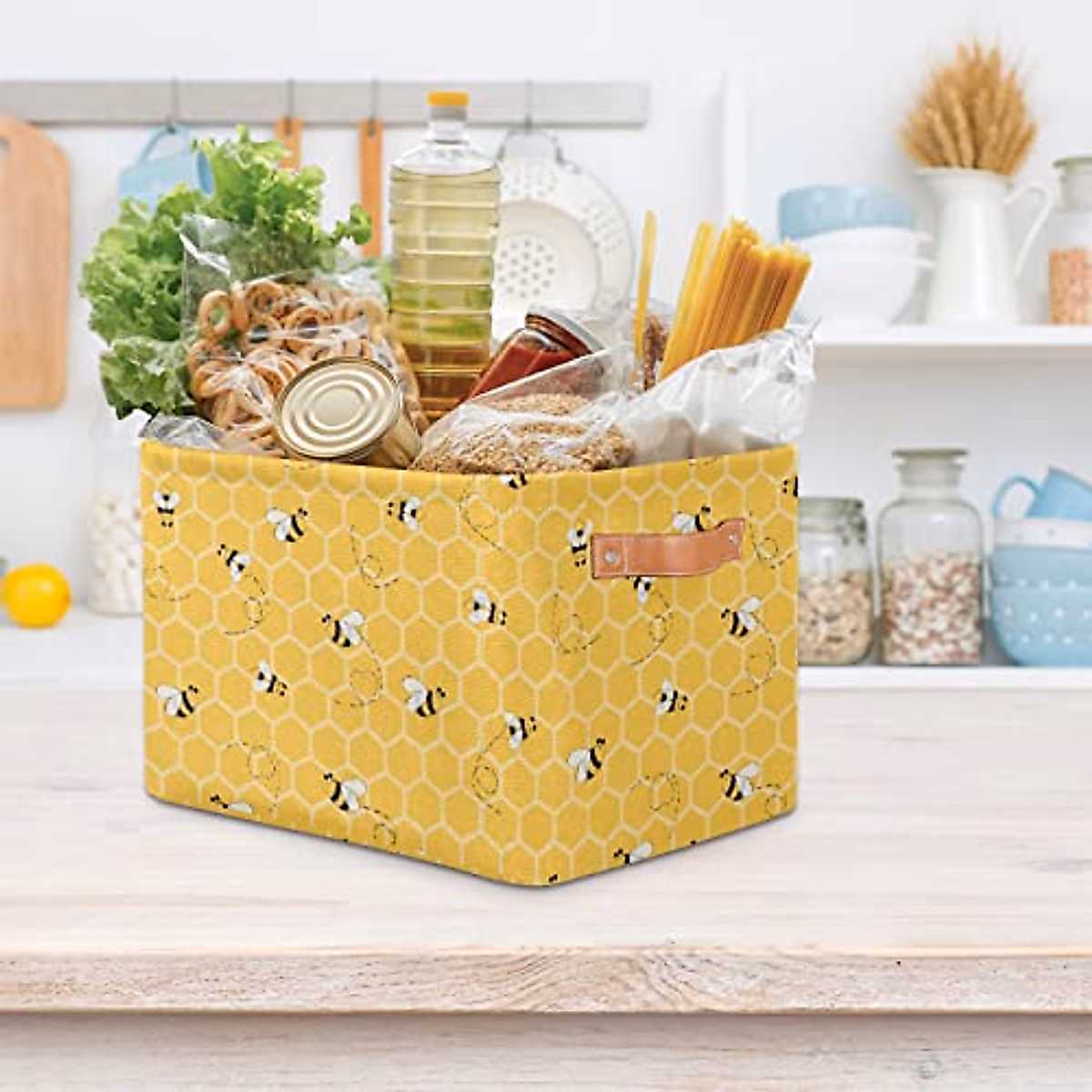 Yellow Bee Basket Cube Storage Bins Honeycomb Shelves Bee Decor for Bedroom Toys Stuffed Animal Waterproof Laundry Box Bin Basket with Handle for Home Closet Shelf Office Bedroom Gift-1PCS