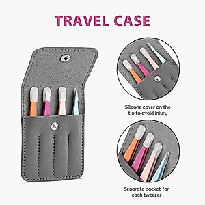 Velodios Tweezers for Women and men, Professional Precision Tweezers for Eyebrows, Pointed and Slant Tweezers for Facial Hair, Splinter and Ingrown Hair Removal, Stainless Steel Tweezers Set - 4Pack