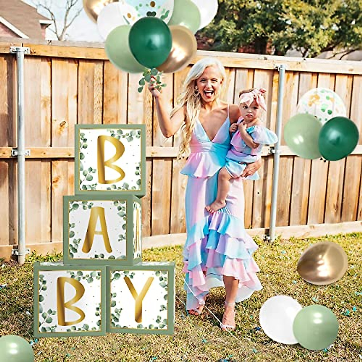Levfla Sage Green Baby Balloons Boxes Decoration Baby Shower Backdrop Blocks Gender Reveal Photo Props Green Eucalyptus Gold White Boy Girl B-Day Favor Ideas