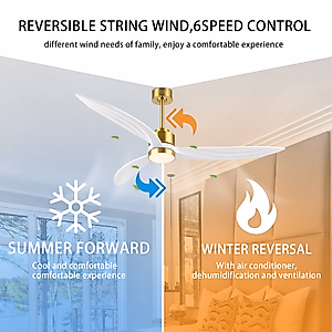 ELEHINSER 64" Wood Ceiling Fan with Lights and Remote Control, 3 Blades 6-Speed Dimmable Light Reversible DC Motor Ceiling fan for Kitchen Bedroom Dining Living Room, White Wood Blades with Gold