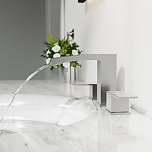 Pheistina 8-Inch Widespread Brushed Nickel 3 Holes 2 Handles Waterfall Bathroom Sink Faucet, with Metal Pop Up Drain Assembly & Cupc Water Supply Lines, NS-WF002-1-BN