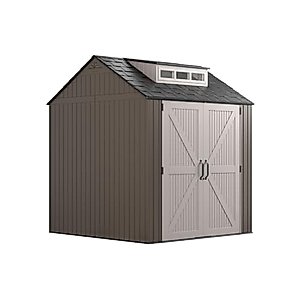 Rubbermaid Large Resin Outdoor Storage Shed With Floor (7 x 7 Ft.), Weather Resistant, Brown, Organization for Home/Lawn Mower/Backyard Equipment/Bike Storage/Pool Supplies