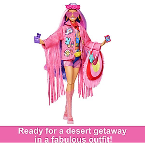 Barbie Extra Fly Doll with Desert-Themed Travel Clothes & Accessories, Fringe Jacket & Oversized Bag, 3Y+, Includes 1 Barbie® doll with fashion, shoes, and assorted accessories