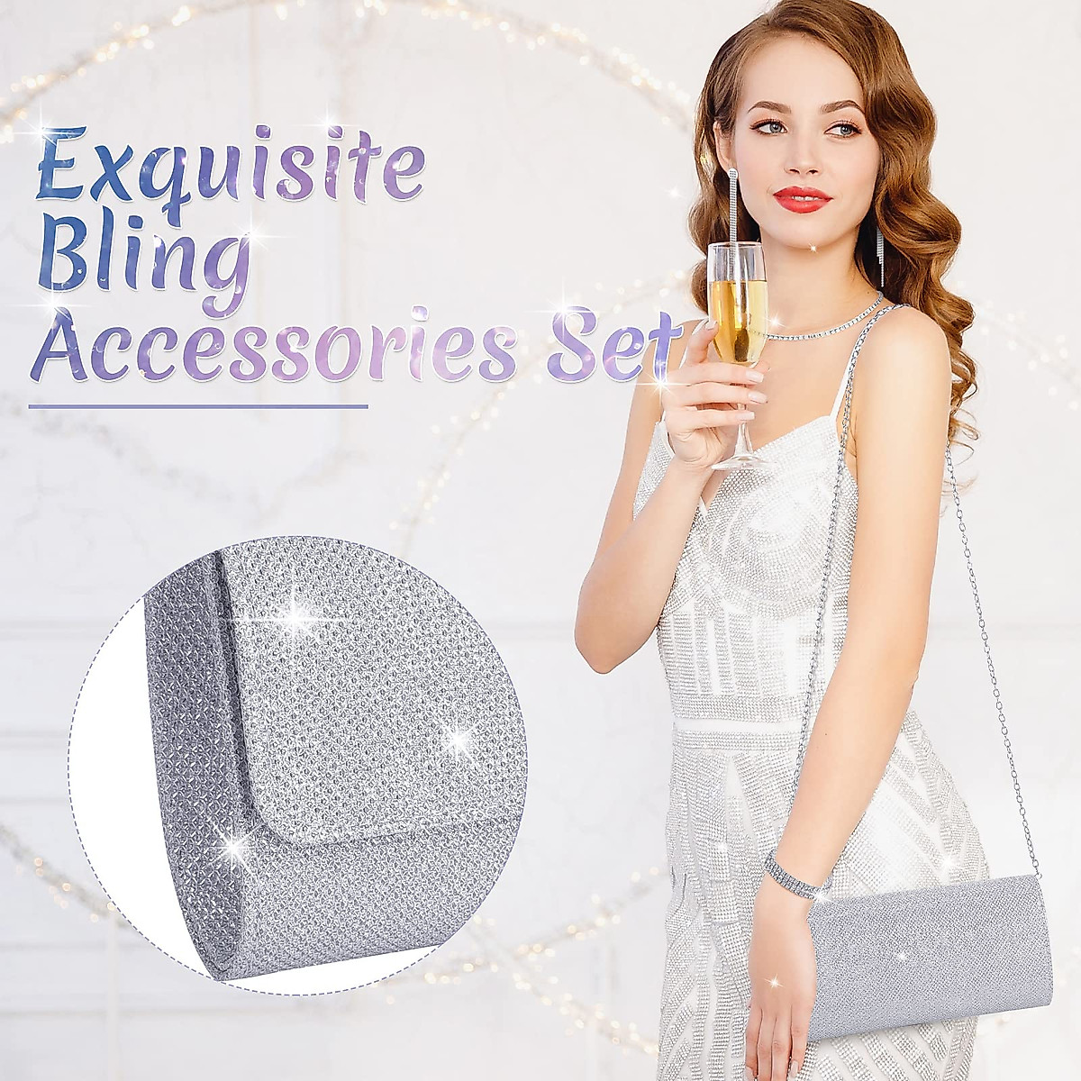 Meanplan 4 Pieces Silver Clutch Purses For Women Evening Rhinestone Purses Crystal Jewelry Set Bridal Wedding Choker Bracelet Dangle Bling Glitter Purse (Fresh Style)