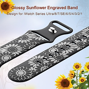 Sunflower Engraved Band Compatible with Apple Watch Bands 38mm 40mm 41mm 42mm 44mm 45mm 49mm Women, Designer Soft Glossy Floral Silicone Strap for iWatch Series Ultra 9 8 7 6 SE 5 4 3 2, Black-38
