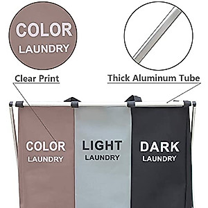 135L Laundry Cloth Hamper Sorter Basket Bin Foldable 3 Sections with Aluminum Frame 26''×24''H Washing Storage Dirty Clothes Bag for Bathroom Bedroom Home Storage basket(Brown+Grey+Black, 3 Liner)