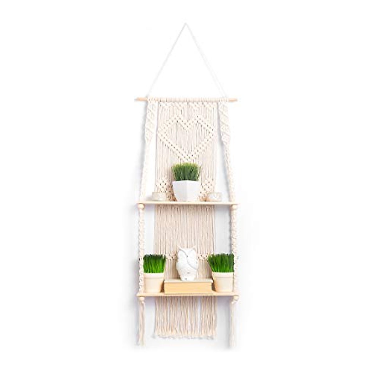 KALTEK Macrame Shelf | Boho Style with Two Tier Wood Shelves | Beautiful Handmade Macrame Shelf for Hanging Plants and Decor | Boho Wall Decor with Macrame Rope and Shelf