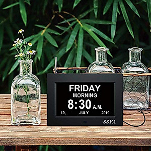 [Newest Version] 7 Inch Day Clock - 12 Alarm Options, Level 5 Auto Dimmable Display,Extra Large Impaired Vision Digital Clock with Non-Abbreviated Day & Month Alarm Clock (7 inch)