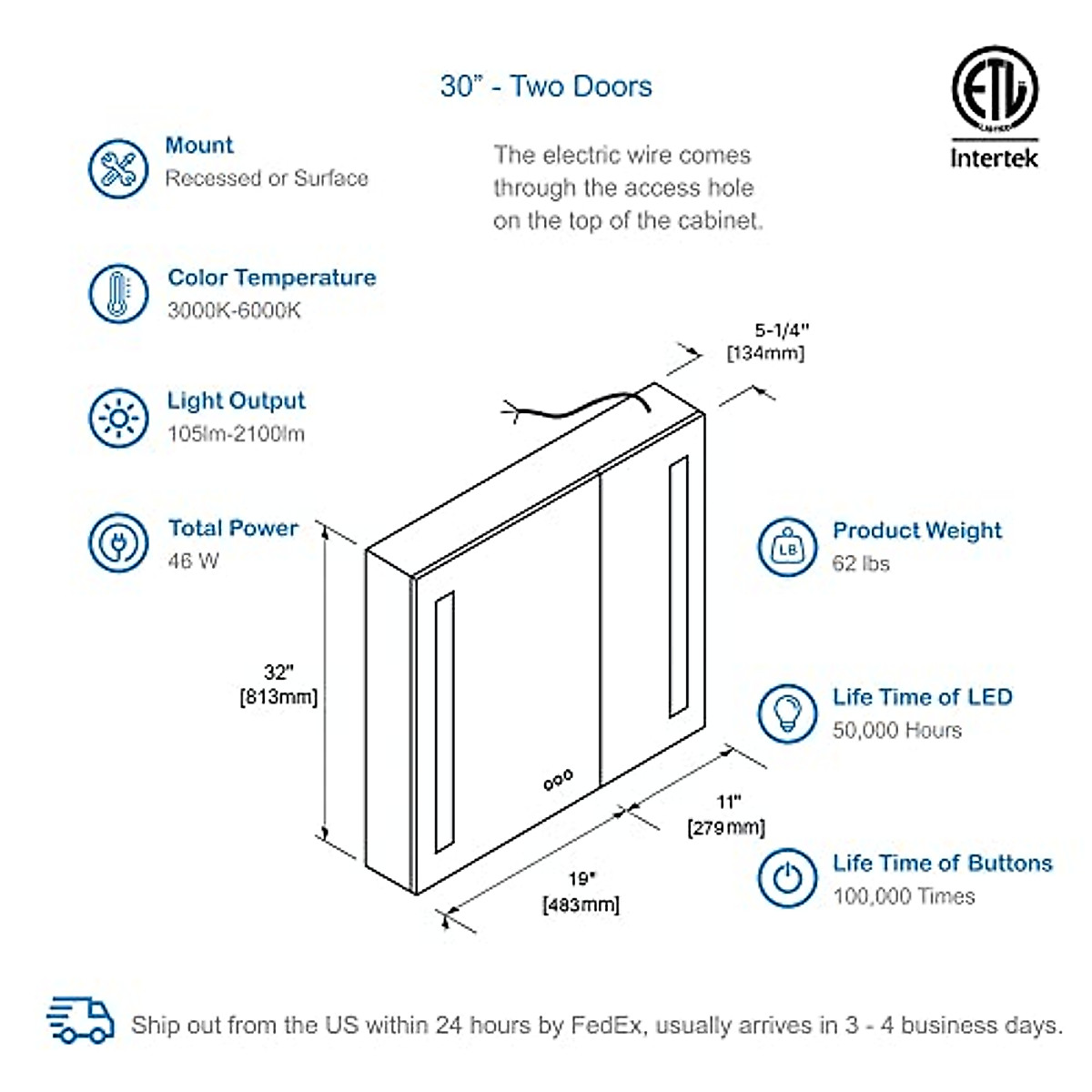 Blossom Recessed or Surface 30 Inch LED Mirror Medicine Cabinet with Lights, LED Medicine Cabinet with Defogger, Dimmer, Outlets & USB Ports (30x32)