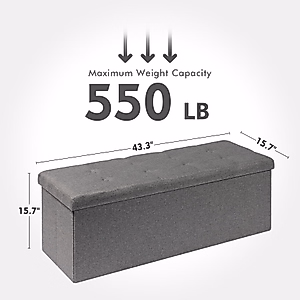 PINPLUS Folding Storage Ottoman Bench, Grey Linen Long Storage Chest Foot Rest Stool with Padded Seat, Toy Chest with Tray, Bedroom Bench with Storage, 43.3inches