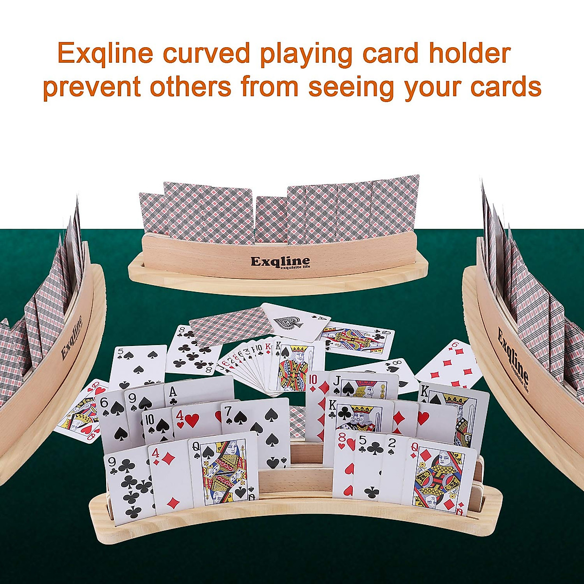 Exqline Curved Wooden Playing Card Holder Tray Rack Organizer Set of 2 Solid Card Holder for Kids Seniors - 13.8 x 1.9 x 2.4 Inch for Bridge Canasta Strategy Card Playing