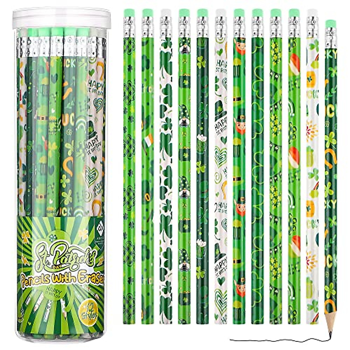 ADXCO 36 Pieces St Patrick's Day Pencils Green Shamrock Pencils with Erasers and Pencil Bucket Irish Pencils for St. Patrick's Party Favors Supplies, School, Classroom, 12 Styles