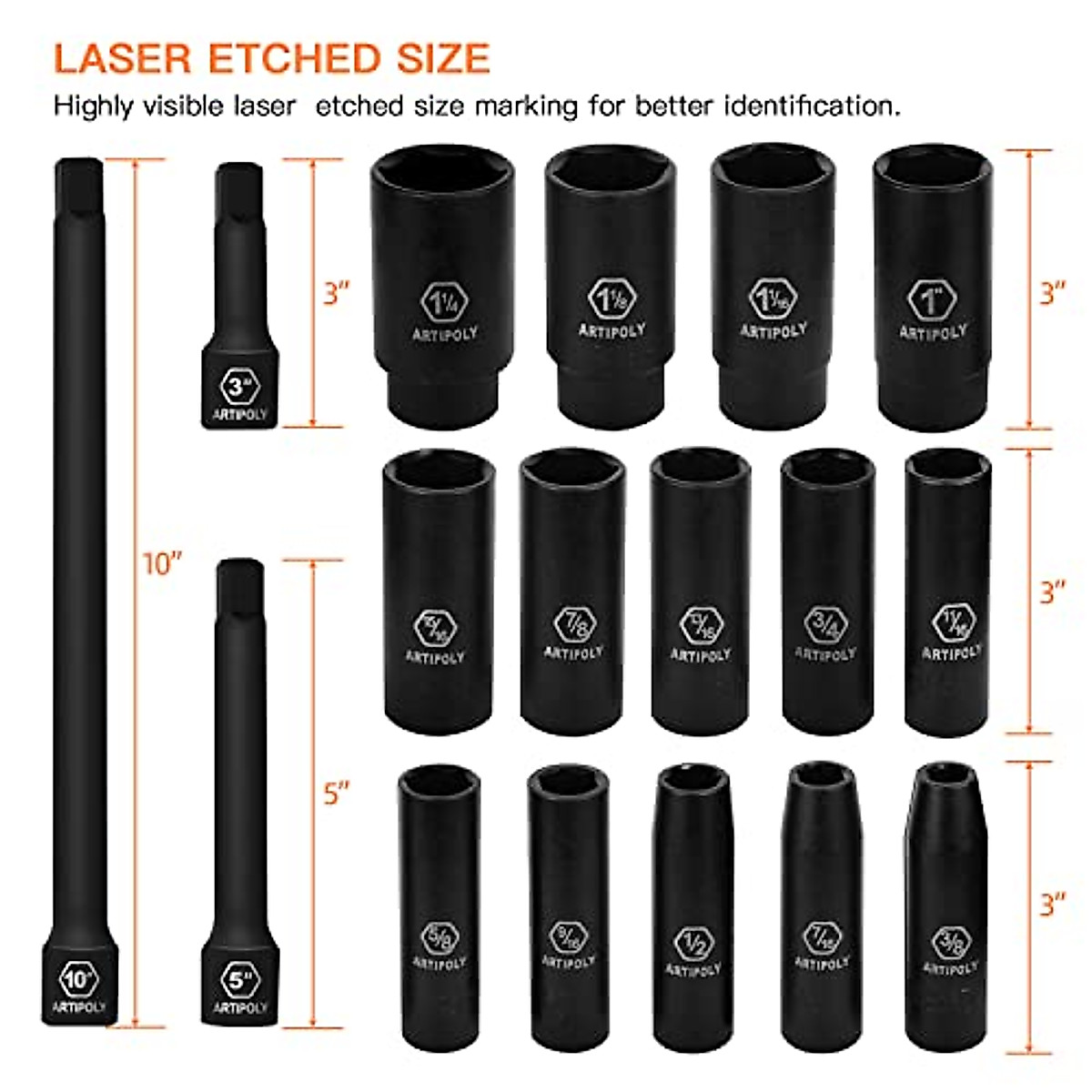 ARTIPOLY 3/8in Impact Socket Set, 6-Point Deep and Shallow Socket Set, 48 Piece Standard SAE and Metric from 5/16in to 3/4in and 8mm to 22mm,Cr-V Steel Mechanic Socket Kit