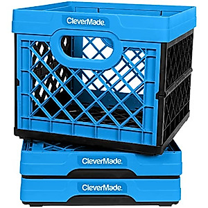 CleverMade 45L Collapsible Storage Bins, Black, 3 Pack & Milk Crates, 25L Plastic Stackable Storage Bins CleverCrates Utility Folding Baskets, Pack of 3, Blue