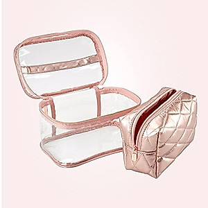 Conair Travel Makeup Bag, Large Toiletry and Cosmetic Bag, Perfect Size for Use At Home or Travel, Two Piece Train Case Set in Rose Pink Metallic Quilt