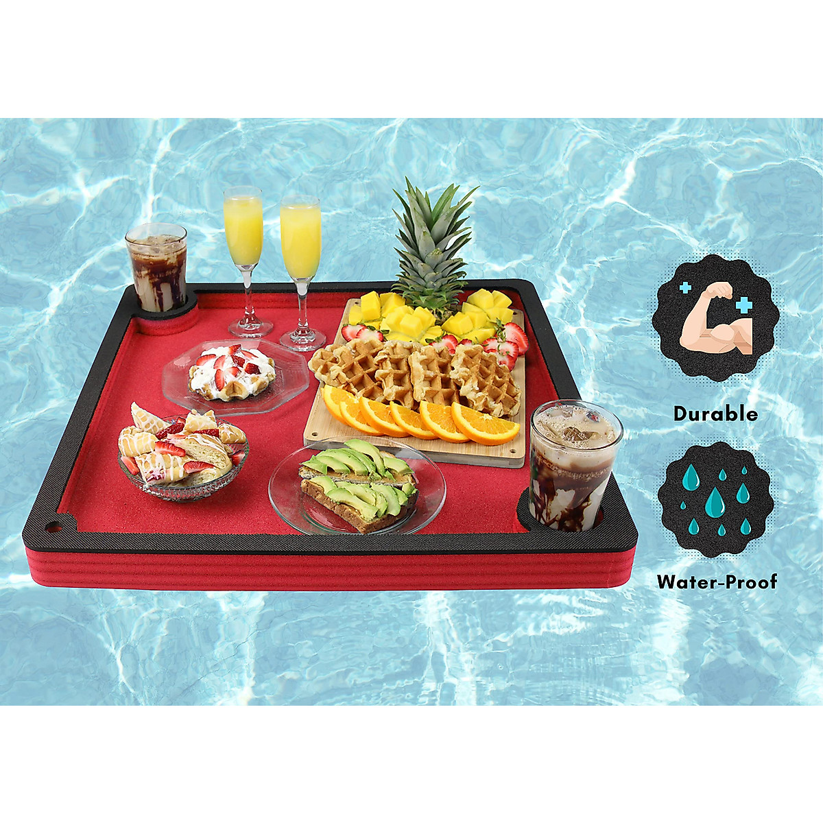Polar Whale Floating Breakfast Table Serving Buffet Red and Black Tray Drink Holders for Swimming Pool or Beach Party Float Lounge Refreshment Durable Foam UV Resistant with Cup Holders 24 Inches