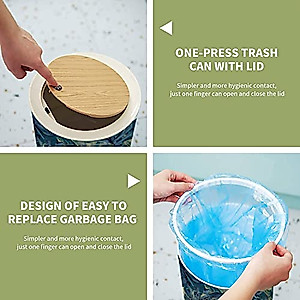 Small Trash Can with Lid Watercolor seamless with navy blue and golden tropical leaves on a Garbage Bin Wood Waste Bin Press Cover Round Wastebasket for Bathroom Bedroom Diaper Office Kitchen