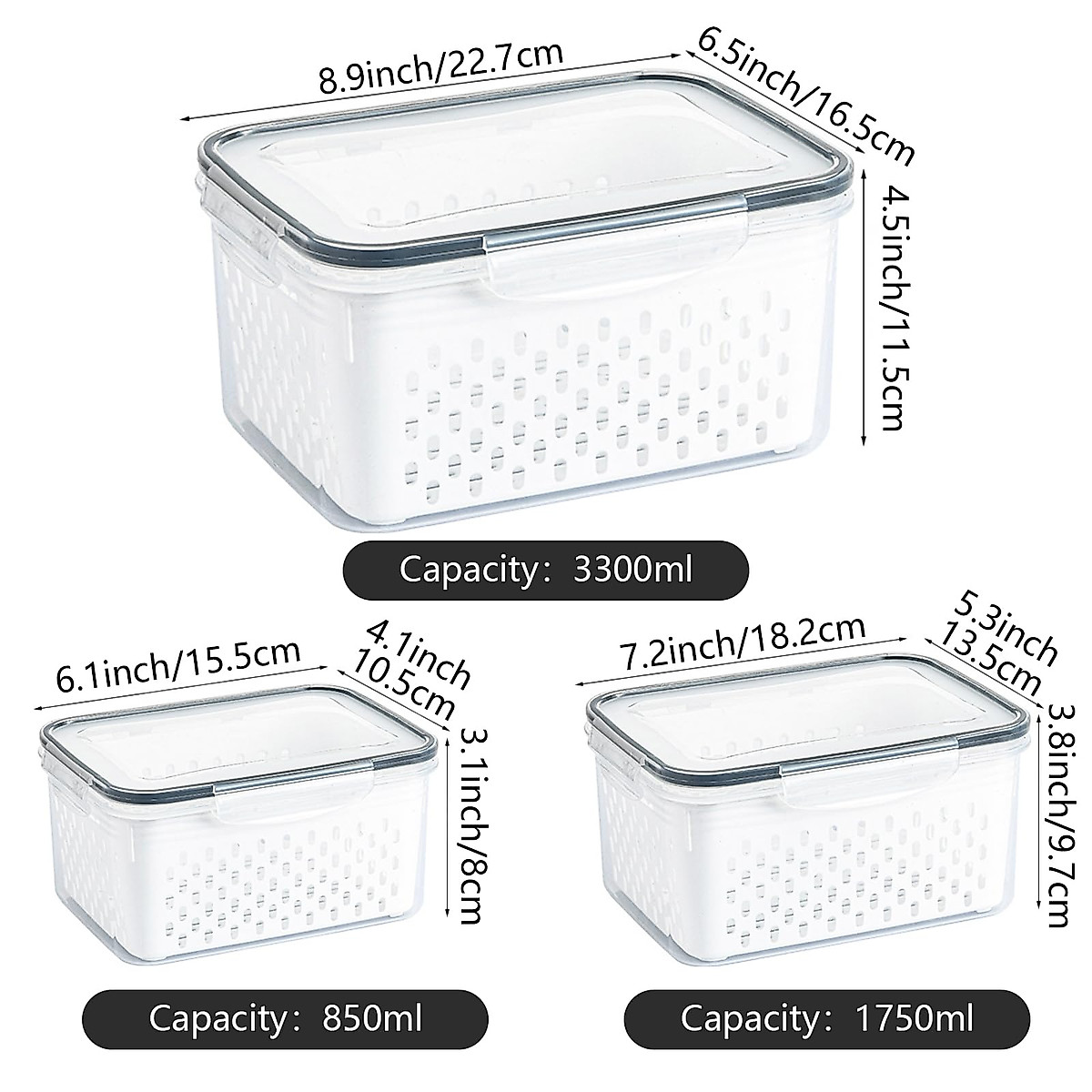 Lizbin 3 PCS Fruit Storage Containers for Fridge with Removable Colander, Leak proof Food Storage Containers, Airtight Food Storage Containers, Food Storage Containers with Lids, Keep Food Meat Fresh