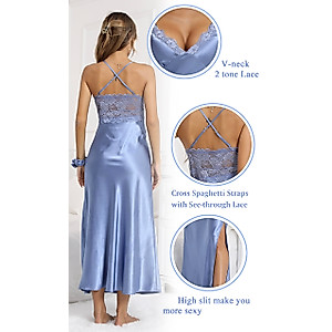 ALCEA ROSEA Womens Sleepwear Lace Lingerie Chemises V Neck Nightgown Sexy Long Sleep Dress Sleeveless Lace for Women Elegant (Midnight Blue, M)