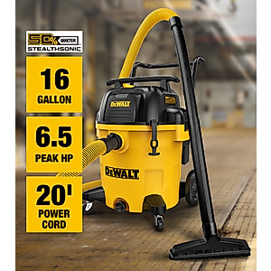 DEWALT 16 Gallon STEALTHSONIC Poly Wet/Dry Vacuum, DXV16P-QTA Noise Reduction Heavy Duty Shop Vacuum for Jobsite/Workshop, Reduce Motor Noise, Yellow