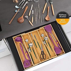 Utoplike Bamboo Expandable Kitchen Drawer Organizer and Bamboo Cutlery Tray Silverware,(11.5"-18" )W X 15"H X 2.4“D (Small)