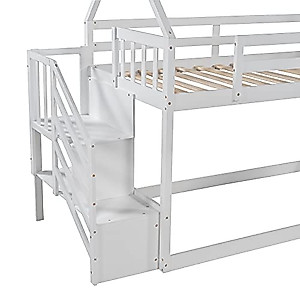 DEYOBED Twin Over Twin Wooden Bunk Bed with Slide and Storage Staircase for Kids Adults