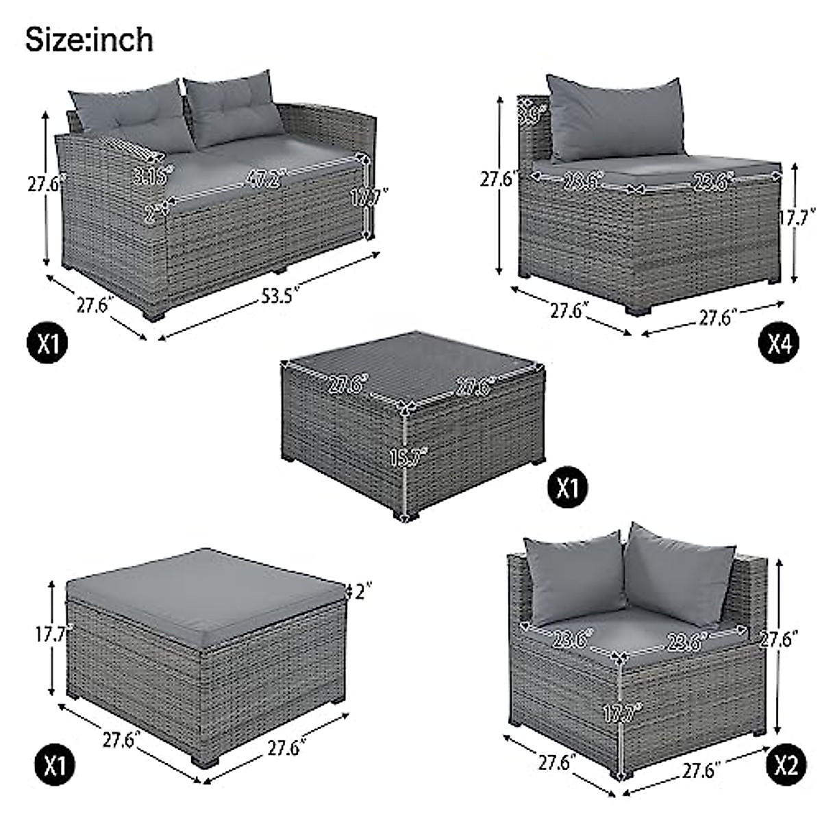 KASUE Outdoor PE Wicker Sofa 9-Piece Set - Perfect for Outdoor Spaces, Gardens, and Poolside, Gray Wicker, Gray Cushion
