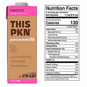 THIS PKN Pecan Nut Milk Chocolate Non Dairy Milk Alternative, Made from Real Texas Pecans, Plant Based Chocolate Milk, Made Without Added Sugars and No GMOs or Lactose (32oz, Pack of 6)