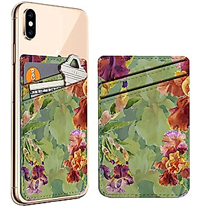 Diascia Pack of 2 - Cellphone Stick on Leather Cardholder ( Summer Garden Iris Flowers Watercolor Pattern Pattern ) ID Credit Card Pouch Wallet Pocket Sleeve