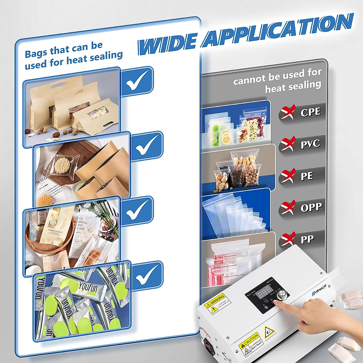 Frifreego Commercial Grade Heat Sealer Automatic Continuous Heat Bag Sealing Machine, Temp&Speed Adjustable, Heavy Duty Horizontal Bag Sealing Machine for Kinds of Plastic Packing Bags, Desktop White