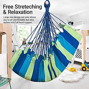Ankwell Hammock Chair Hanging Rope Swing Seat - 2 Cushions Included - Max 330 Lbs - Quality Cotton Weave for Indoor or Outdoor Spaces (Green-Blue)