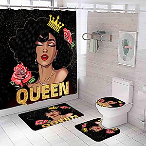 MrLYouth African American Sexy Women Bathroom Sets with Shower Curtain,Non-Slip Rugs,Bath Mat,Toilet Lid Cover,Accessories with 12 Hooks,Super Soft Waterproof Fancy Afro Girl Bathroom Decor 4 Pcs