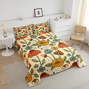 Castle Fairy Retro Flowers Comforter Set Twin Size,70s Floral Mushroom Quilt Set for Kids Boys Bedroom Collection,Art Hippie Plant Eye Print Polyester Bedding with 1 Pillowcase,2Pcs