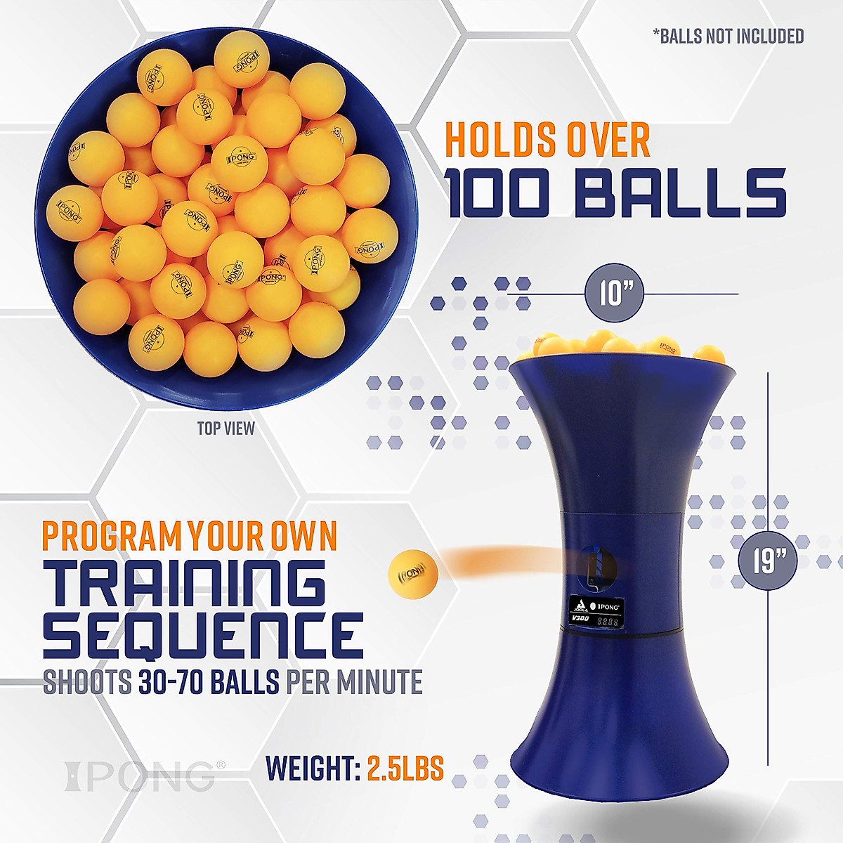 iPong V300 Table Tennis Training Robot - Serves 40mm Regulation Ping Pong Balls Automatically - Play Solo w/o Playback Mode on your Ping Pong Table - Various Models Available, Size 19 , Blue