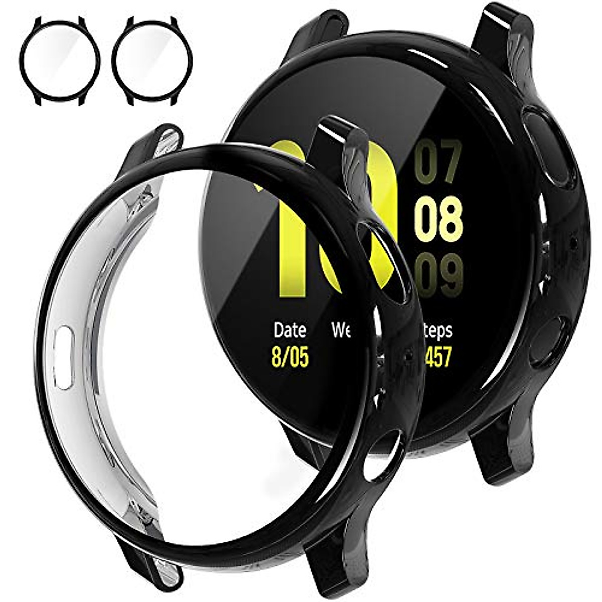 [2Pack] Tensea Compatible with Samsung Galaxy Watch Active 2 Screen Protector Case 44mm, Bumper Full Around Cover for Samsung Galaxy Watch Active2 44 (Black, 44mm)