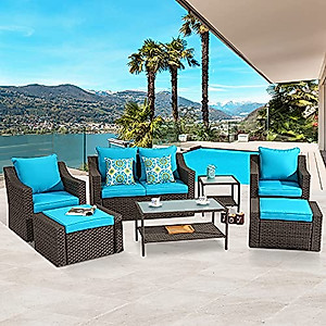 May in Color 7 Pieces Outdoor Patio Furniture Set, Wicker Conversation Set with Ottomans Cushions, Sectional Lounge Chair Sofa with Coffee Table, for Porch Deck Poolside Garden Balcony Backyard, Blue